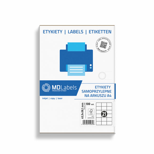 Self-adhesive labels on A4 sheets 63,5x38,1mm 100 sheets - MD Labels